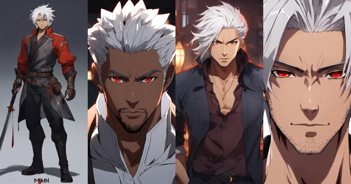 Lexica - Man 40 years old. White hair. medium dark skin. Sharp facial features. Scarlet eyes ...