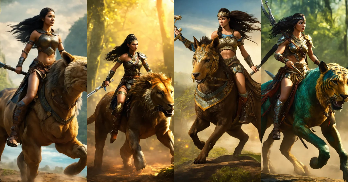 Lexica - A realistic beautiful Amazon warrior full body riding a ...