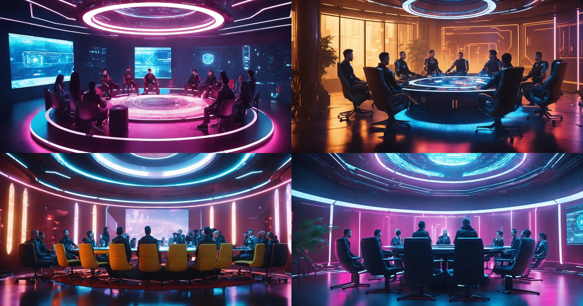 Lexica - Futuristic meeting room, people siting on chairs around the ...
