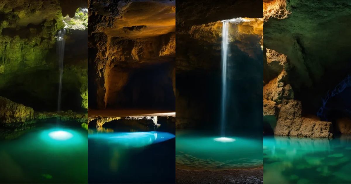 Lexica - Dark cave, no light, rock cave dark, with pool of water