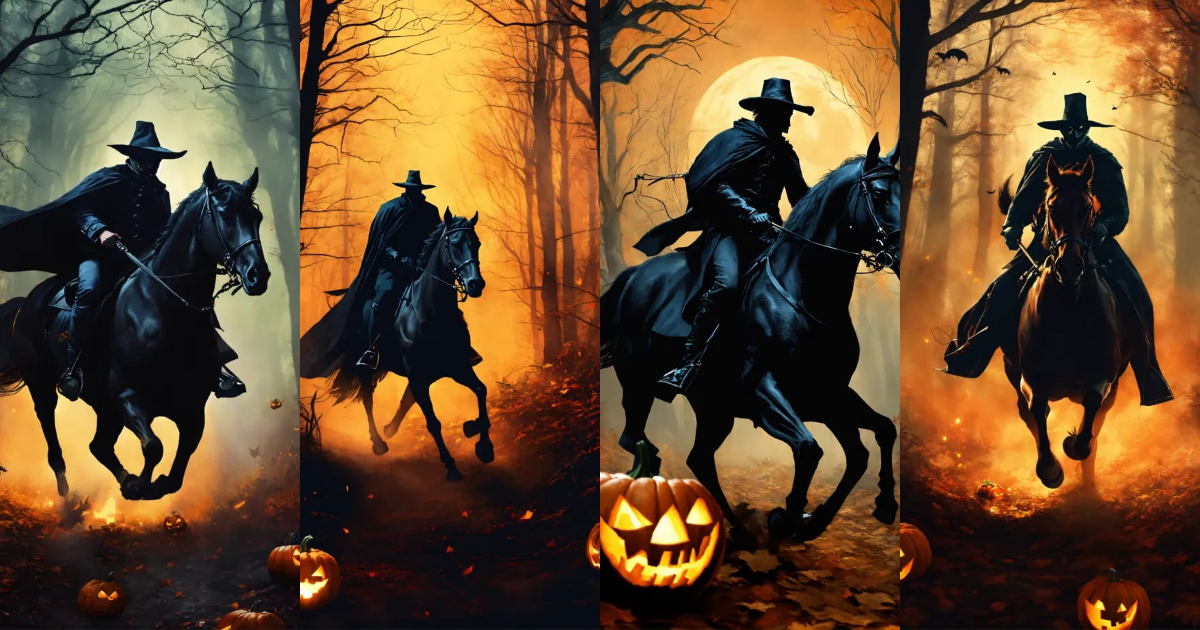 Lexica - A headless horseman, chasing a pumpkin running through a scary ...