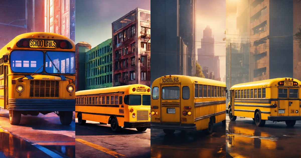 Lexica - Futuristic cityscape with a side view of an old beat up yellow school bus. realistic ...
