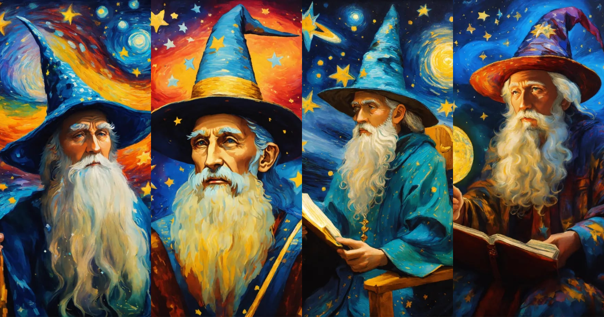 Lexica - Wise old wizard wearing a wizard hat with stars teaching magic ...
