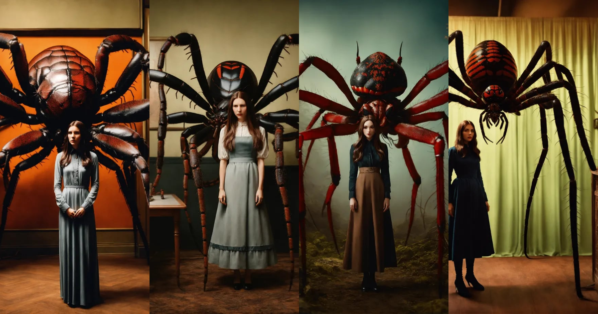 Lexica - A woman with long brown hair standing next to a giant redback ...