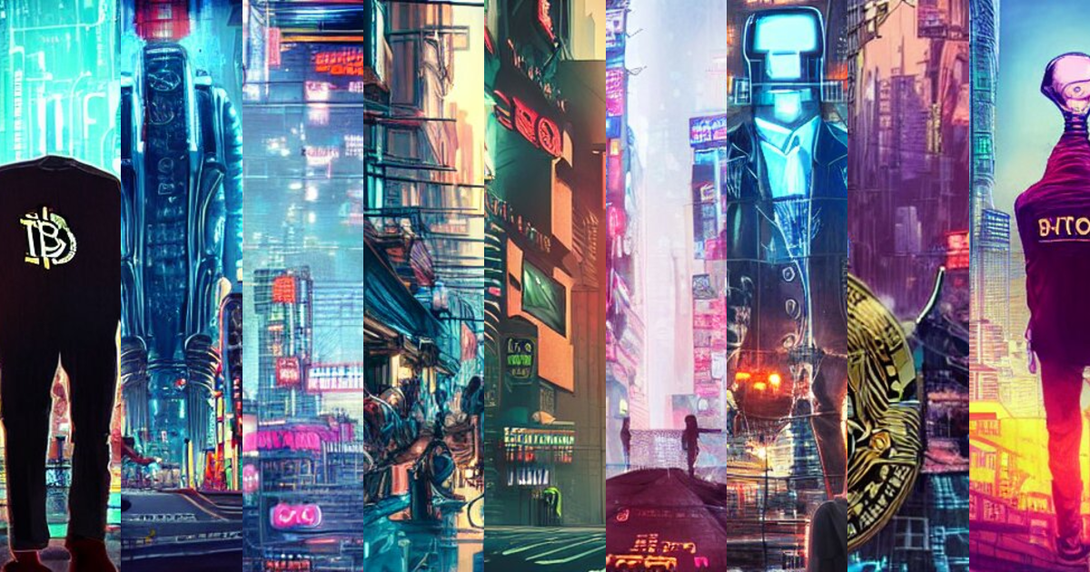 Lexica - Giant with bitcoin head chasing people scared in cyberpunk ...