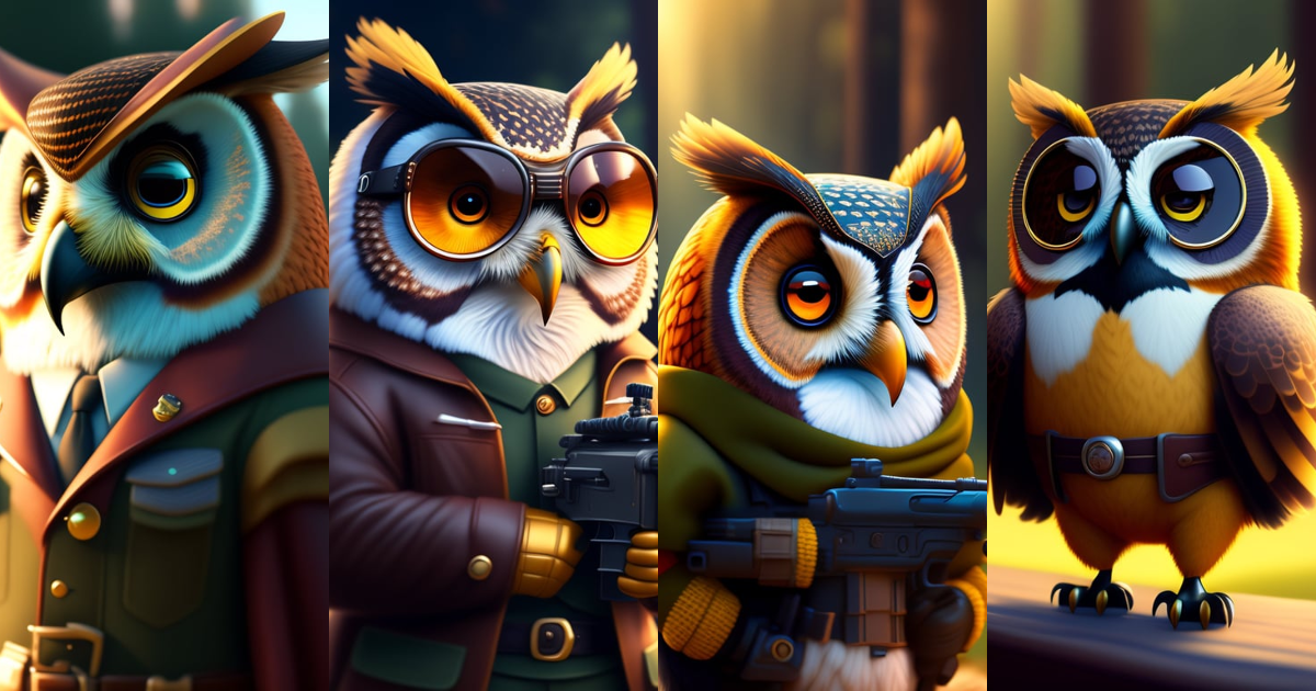 Lexica - Cool owl, (holding a gun:1.6), sunglasses, tailored costume ...