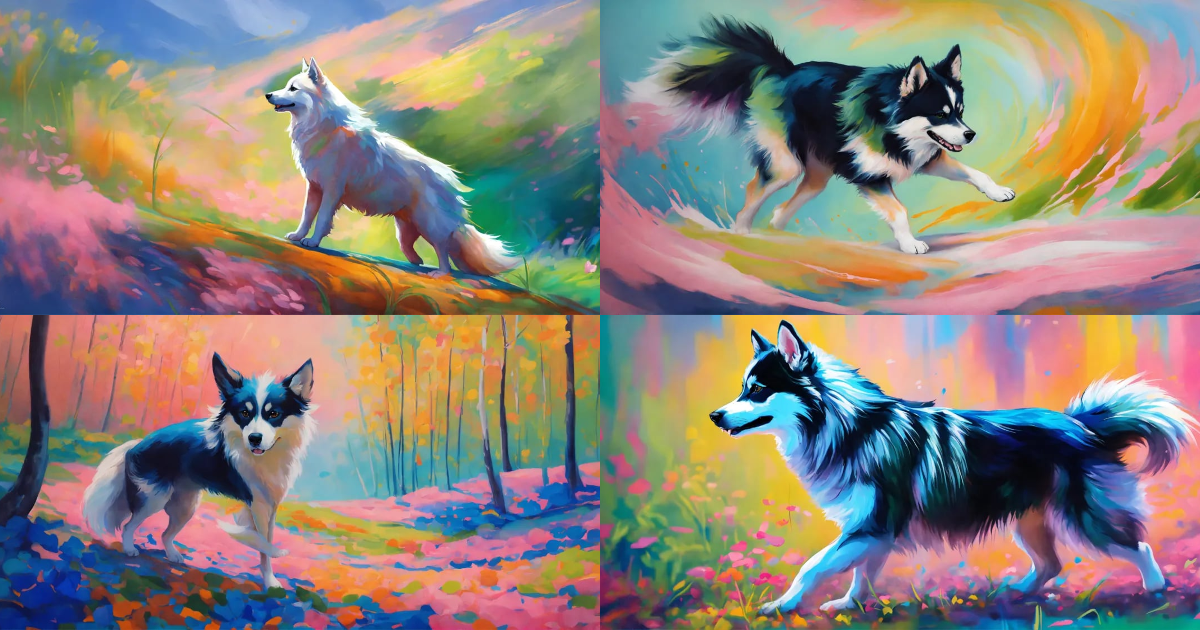 Lexica - In this vibrant painting, a graceful Pomsky black and white is ...