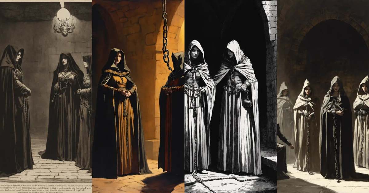 Lexica - Demon Priestesses, shackled in dungeon, tight cloaks ...