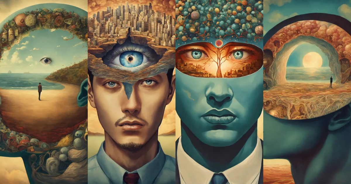 Lexica - Illustration of a man inside a human head looking out through ...