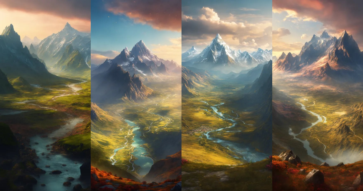 Lexica - A fantasy landscape of 2 mountains and a valley between them ...