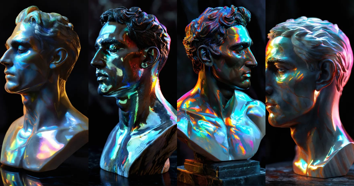 Lexica - A stunning iridescent male marble bust, very reflective ...