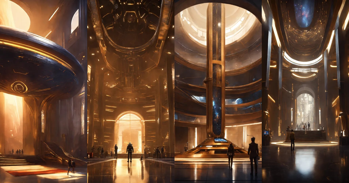 Lexica - Large spaceship lobby, modern design, classic artifact decor ...