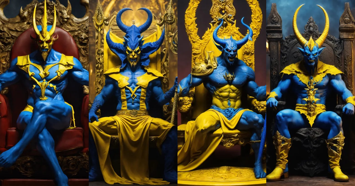 Lexica - Evil demonic yellow and blue devil, holding a trident, sitting ...