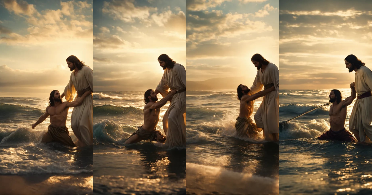 Lexica - Jesus pulling, lifting a man from ocean, realistic, cinematic ...