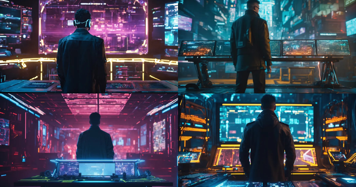 Lexica - Man standing behind the cyber-table, front view, focus ...