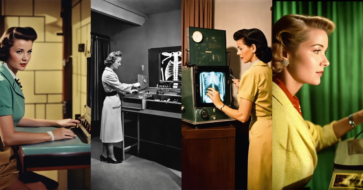 Lexica - A 1950'S LADY REPORTING AN X-RAY AT A COMUPTER SCREEN