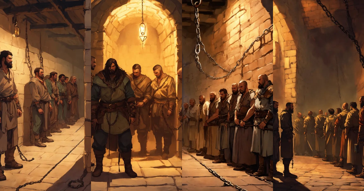 Lexica - Line of male prisoners all chained to a wall in a dungeon, d&d ...