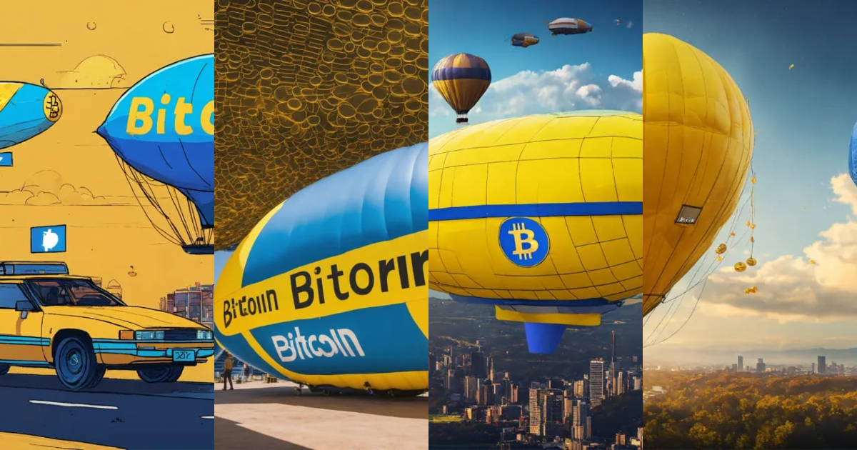 Lexica - A yellow blimp with the Bitcoin logo on it, and a blue blimp ...