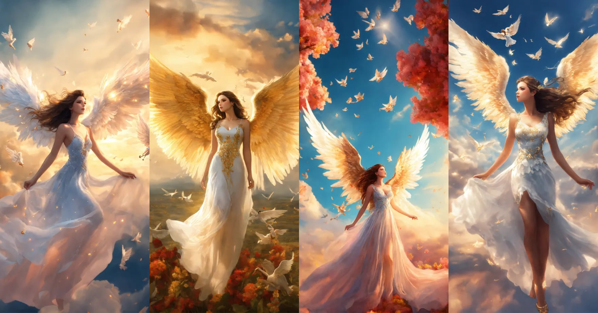 Lexica - Many angels in the sky flying, with wings and beautiful ...