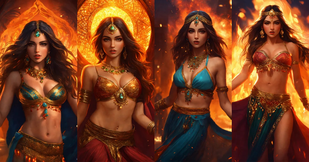 Lexica - Ana de armas as a magical arab belly dancer, fire magic around her, artstation