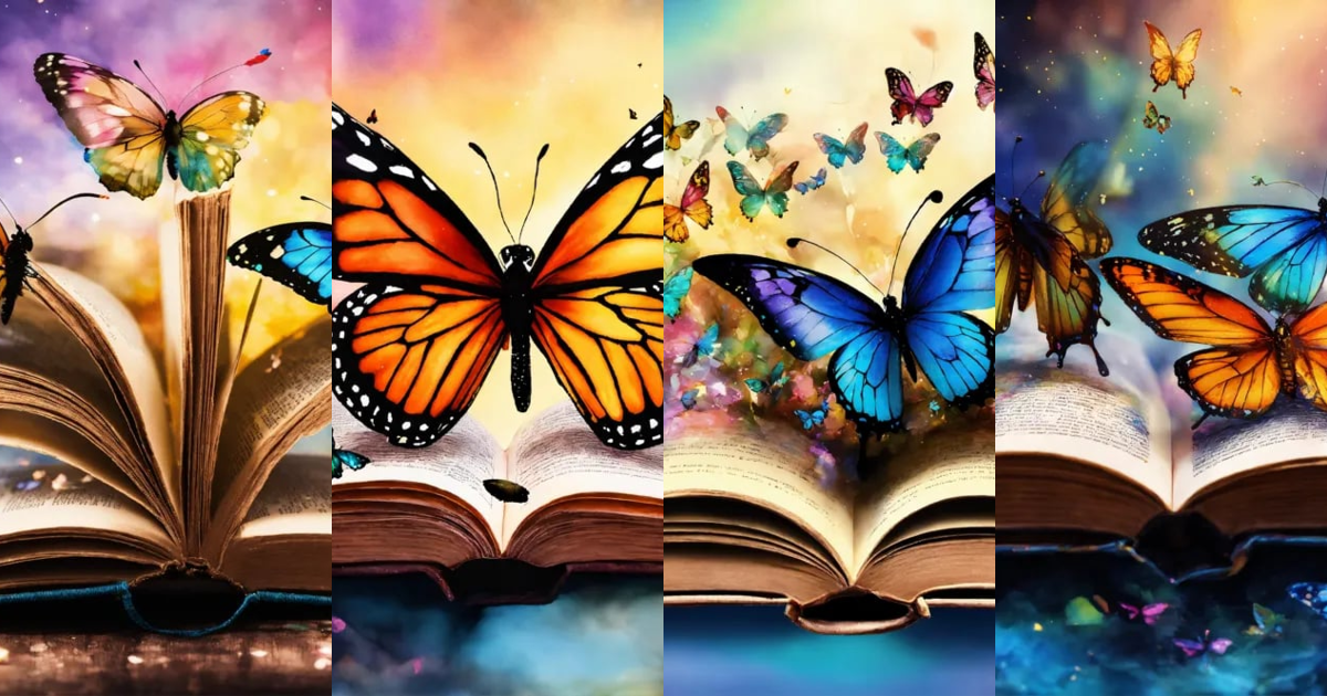 Lexica - Butterflies fly from an open book fantasy fairy alcohol ink style