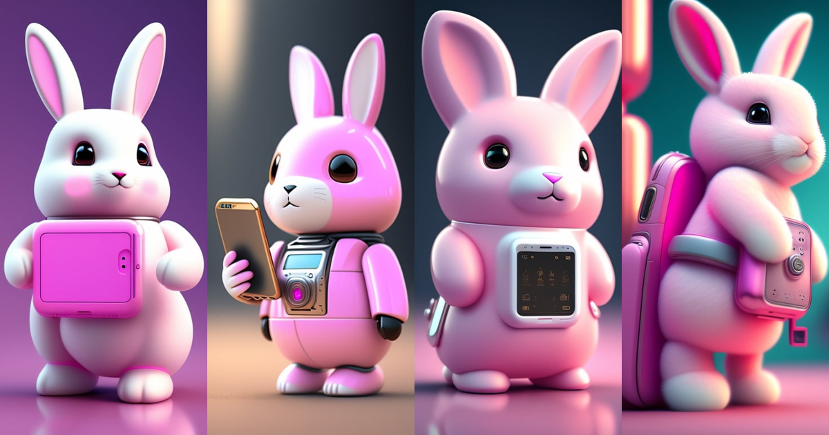 Lexica - Soft Pink Bunny robot working on a smartphone