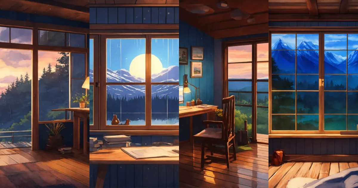 Lexica - Cozy wooden nordic cabin with blue wooden walls, anime, studio ...