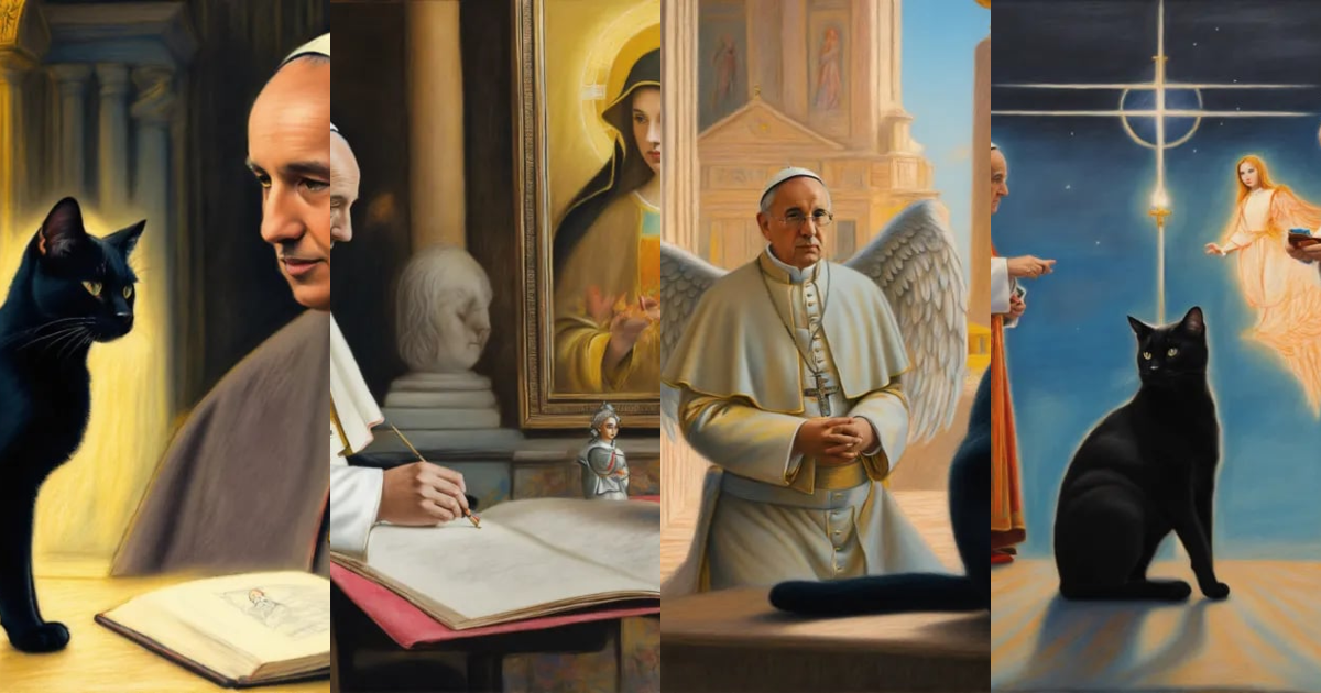Lexica - Pastel drawing black cat, the pope and an angel