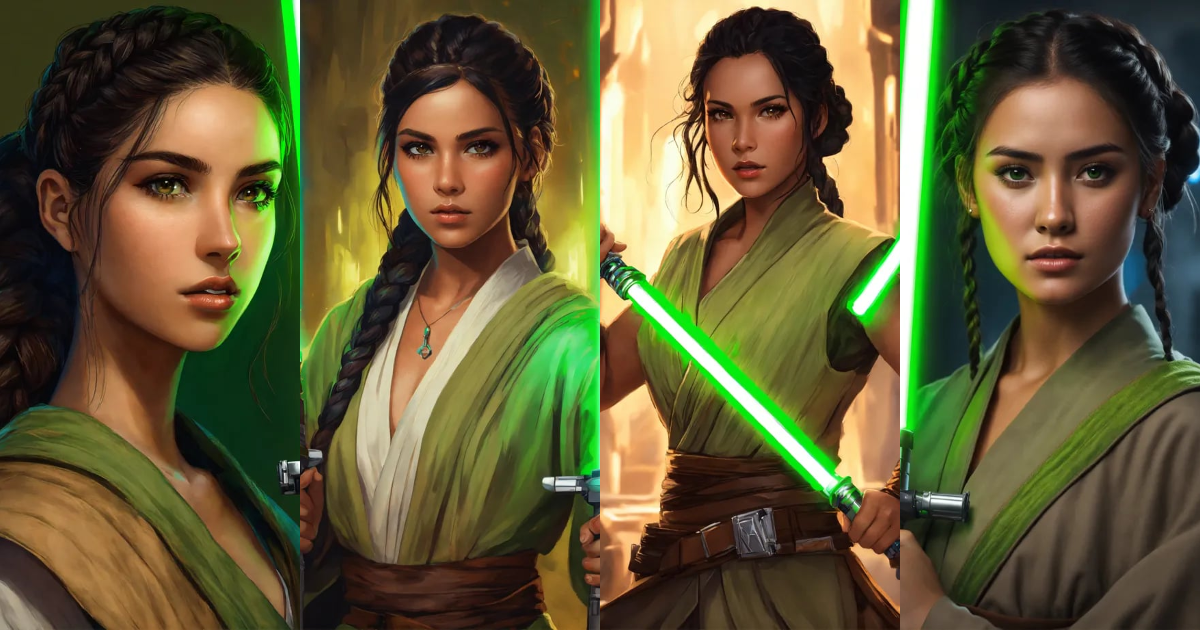 Lexica - Young woman, jedi knight, holding two green lightsabers, olive ...