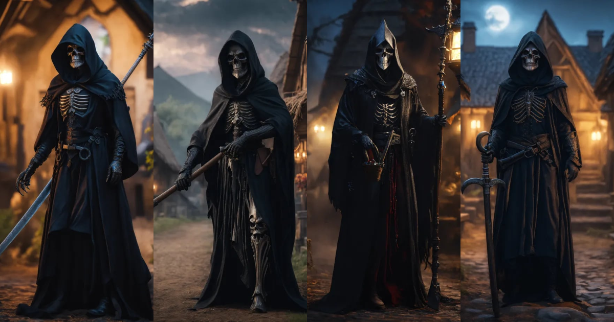 Lexica - Grim reaper, fantasy village, best quality, full body portrait ...