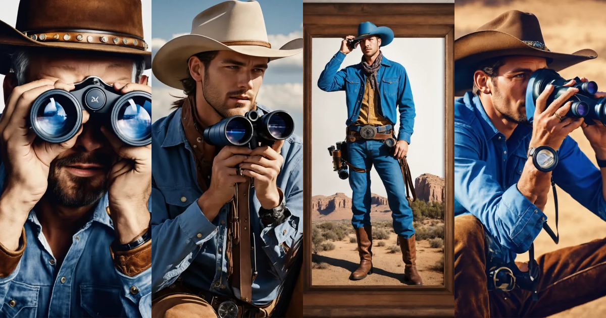 Lexica - Poster, modern cowboy with binoculars, blue colors, western ...