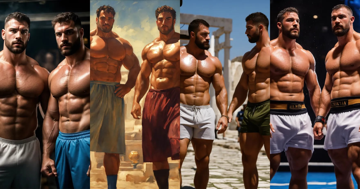 Lexica - Two Muscular sweaty heavyweight alpha men with broad and ...