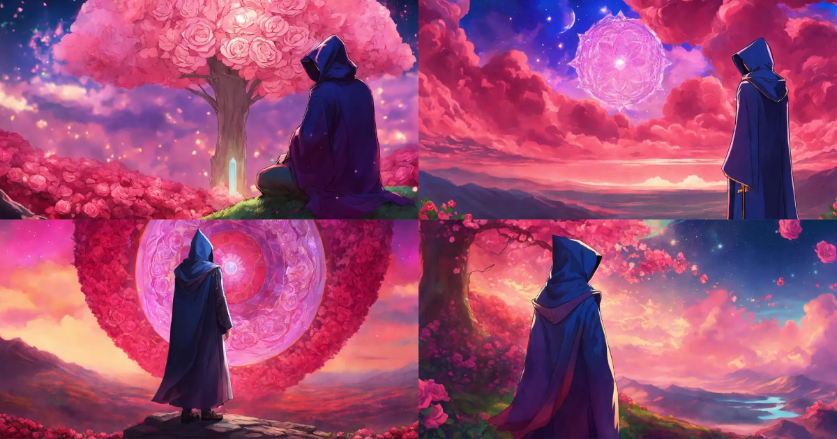 Lexica - Hooded mage is gazing over his domain, rose psychedelic ...
