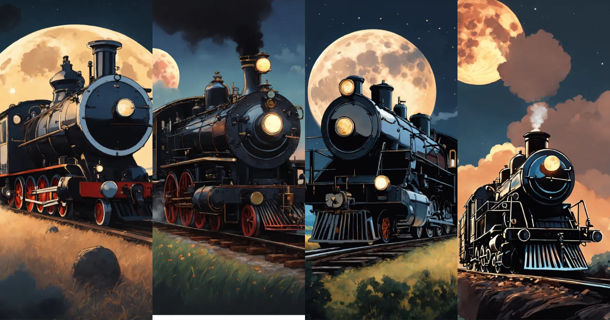 Lexica - A black steam locomotive floating in the sky, a full moon in ...
