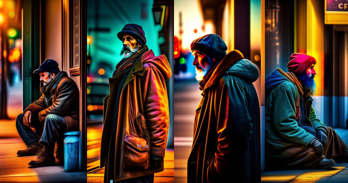 Lexica - Picture of a homeless man, deco style faded colors, bright ...