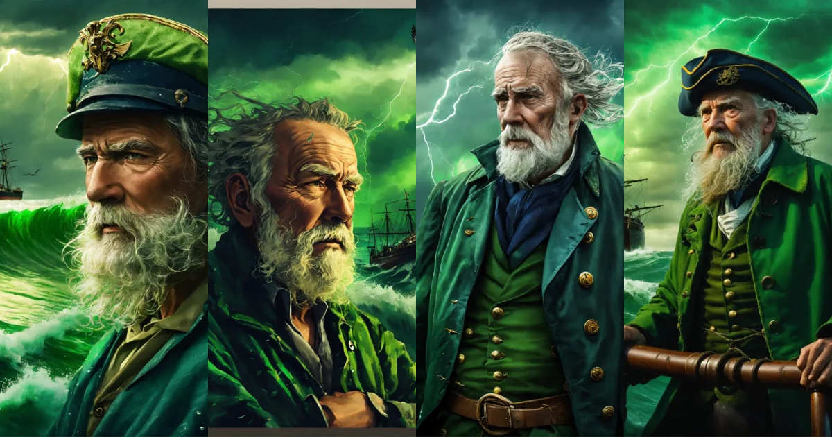 Lexica - Determined old sea captain, weathered face, steering his ship ...