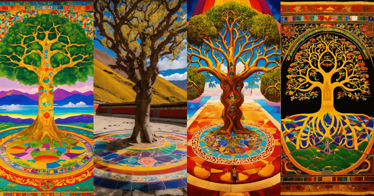 Lexica - The tree of life in Tibet with rainbow geometrical shape flooring