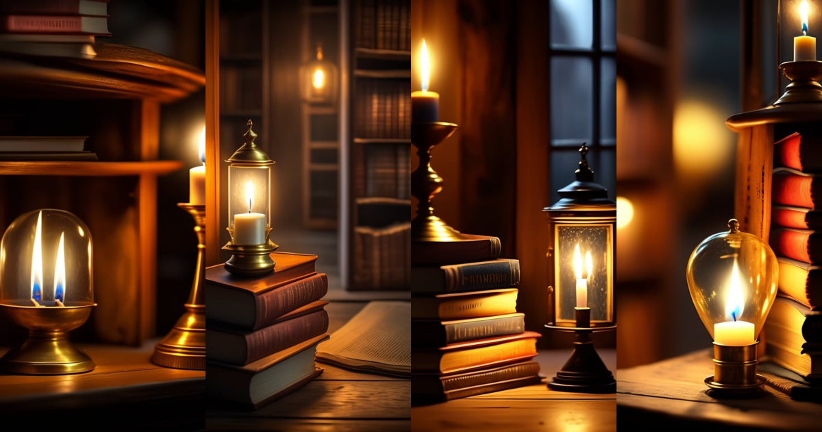 Lexica - Old bookstore, dusty, candlelit, rustic, metal brass,