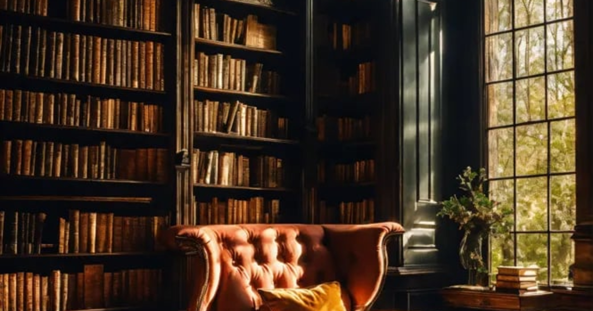 Lexica - Old mansion library with fireplace and lots of books, armchair ...