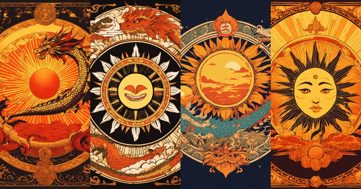 Lexica - Vintage Anime cartoon sun with dragon surrounding it. Iconography.