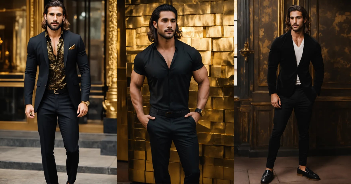 Lexica - Handsome 30 year old man with gold skin, shoulder length hair ...