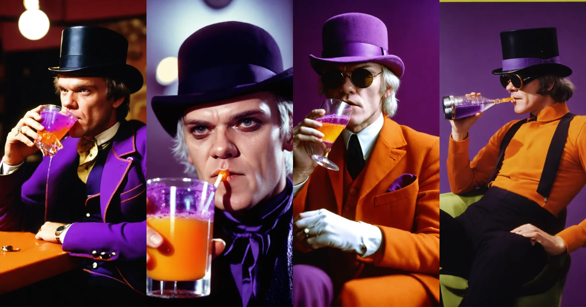 Lexica - Malcolm McDowell drinking a purple drink in the iconic style ...