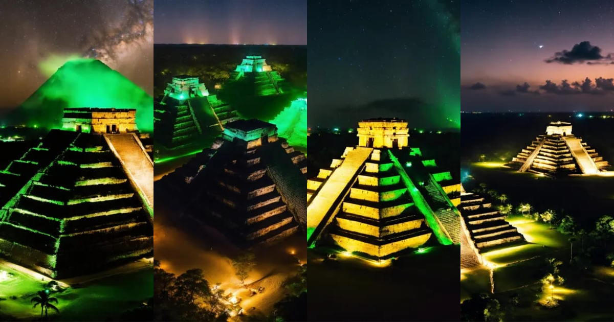 Lexica - Aerial view of three Mayan pyramids emitting a beam of green ...