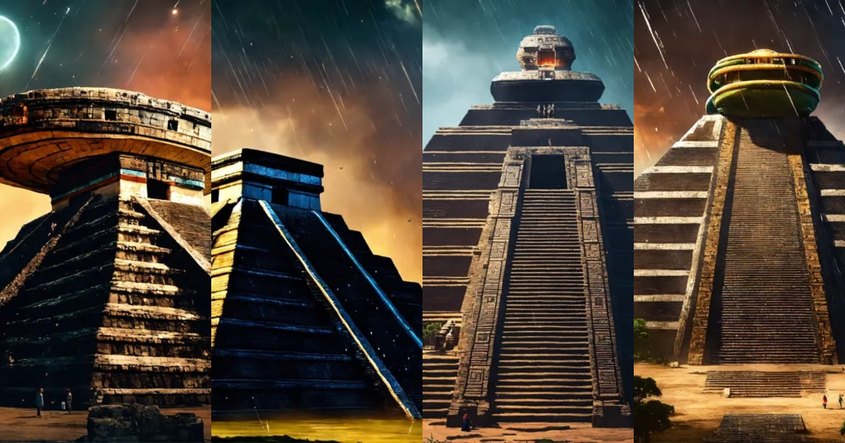 Lexica - A spaceship in the shape of a snake, on top of a Mayan pyramid ...