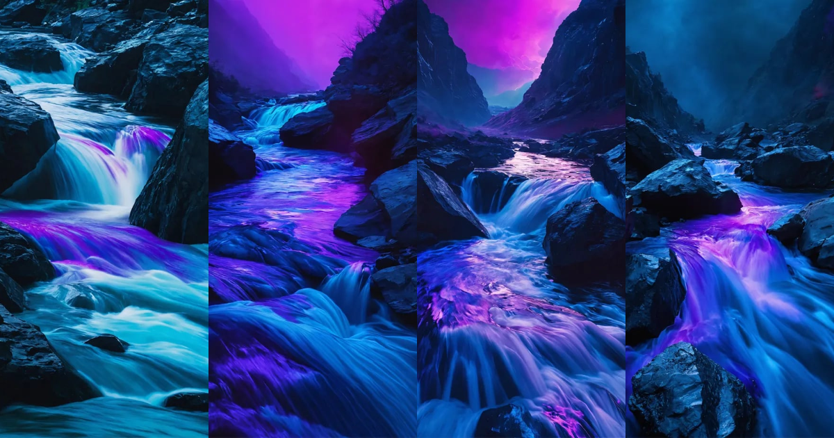 Lexica - Neon dark blue and purple colors, river with rushed, powerful ...