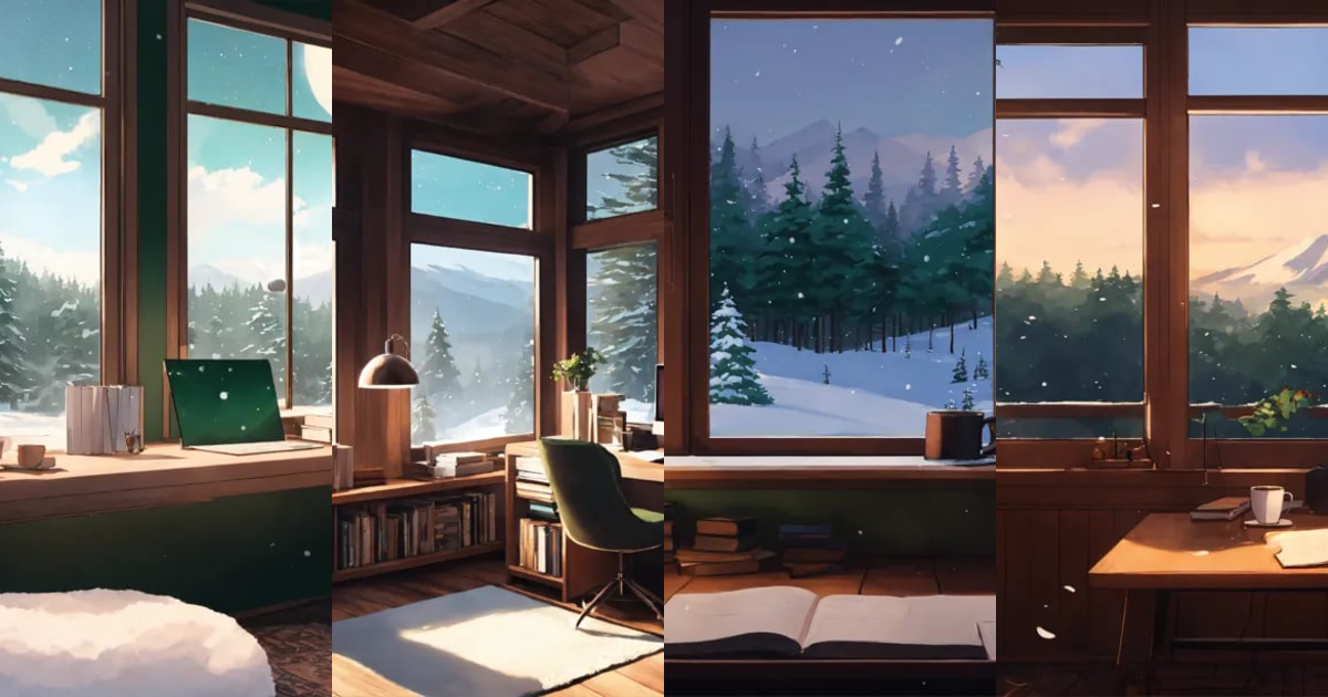 Lexica - Anime nordic forrest house minimalistic study room, big ...