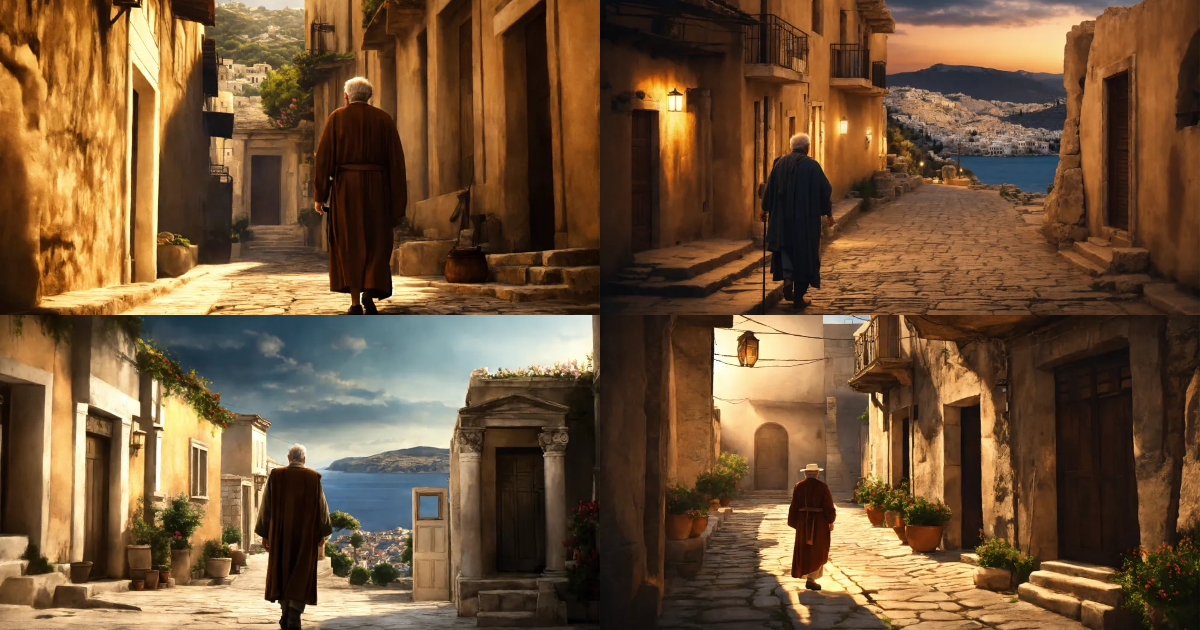 Lexica - "Old man walking in the ancient streets of greece,facing back ...