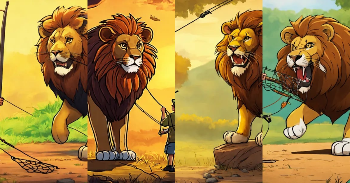 Lexica - Cartoon hunter caught big lion with the help of net and hooked ...