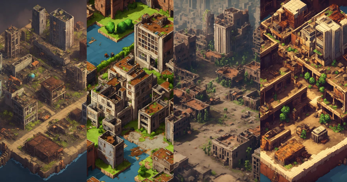 Lexica - Simple pixel apocalyptic city ruins from directly above