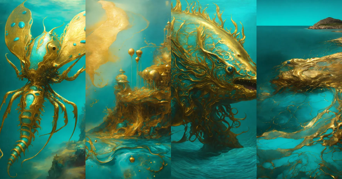 Lexica - Liquid, surreal, turquoise, metallic, gold, ocean, creature